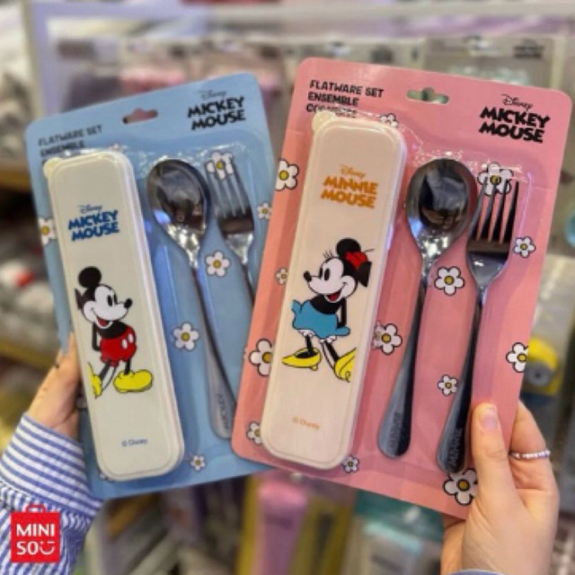 Jual Miniso x Disney mickey minnie mouse flatware set / spoon and fork ...
