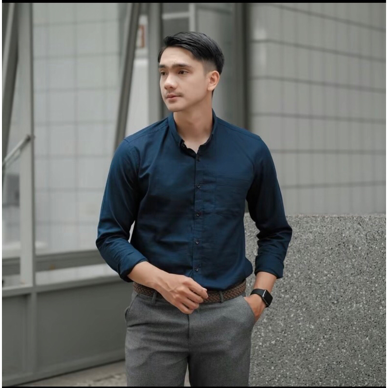 Jual Kemeja Polos Pria Navy Biru Dongker Lengan Panjang Slimfit Kerja Kantor Formal Hem Cowok ...