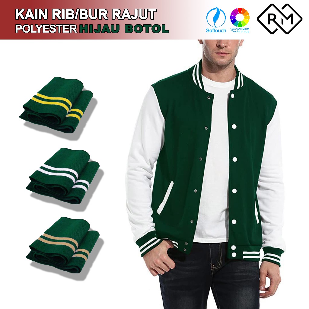 Jual Kain rib/bur polyester hijau botol polos dan salur jaket varsity ...
