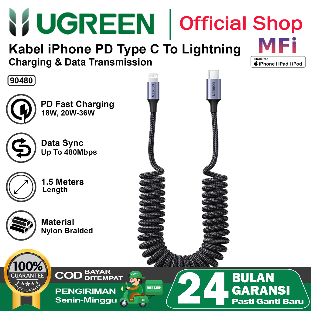 Jual UGREEN Kabel Spring MFi PD Type C To Lightning Fast Charging 20w ...