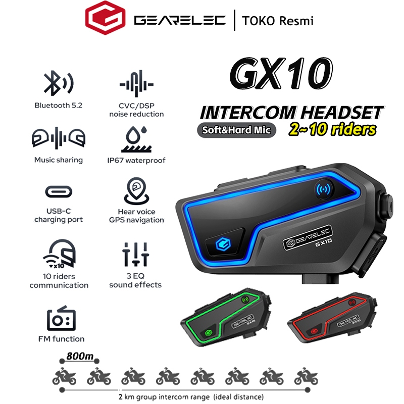 Jual GEARELEC GX10 BT5.2 Helm Intercom Sepeda Motor Headset Support ...