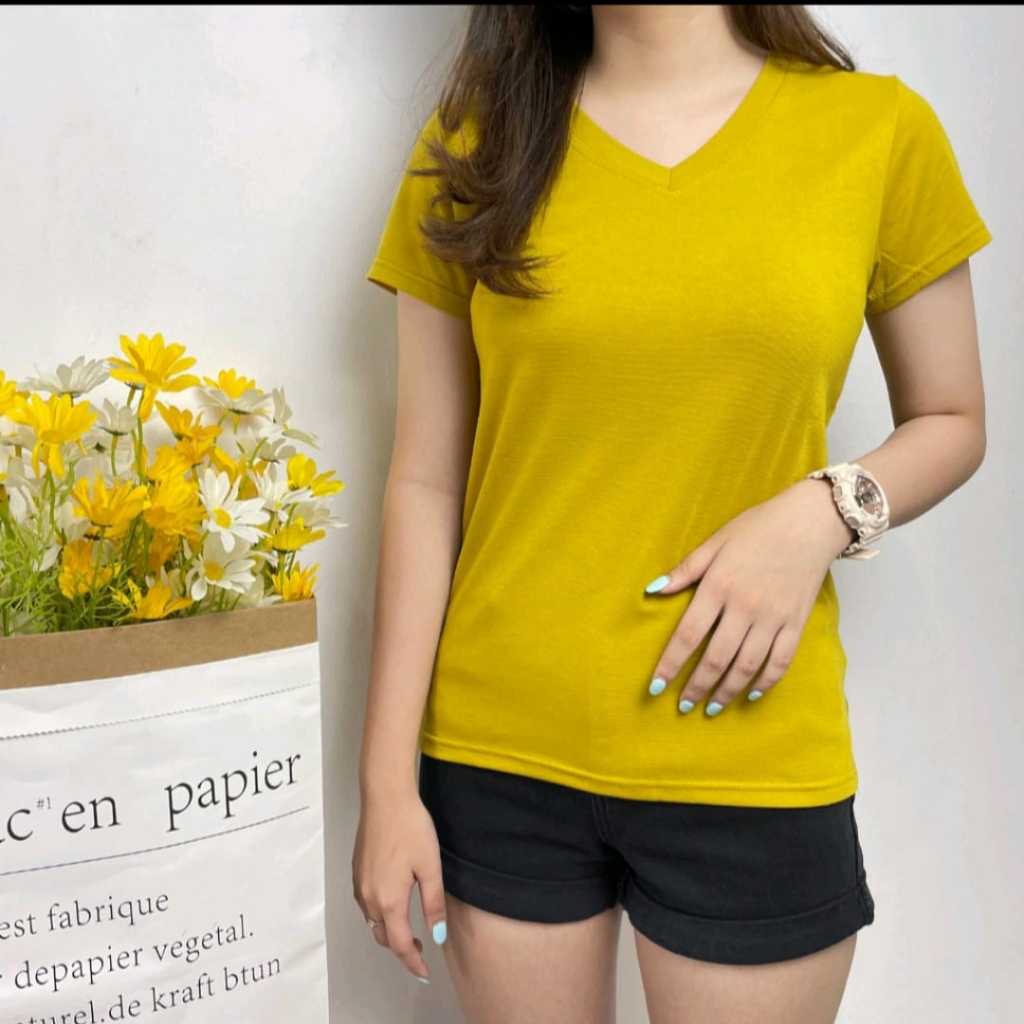 Jual Kaos Polos Wanita V Neck - Kaos Lengan Pendek Murah Spandek 6001 ...