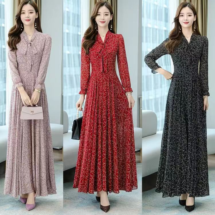 Jual Long dress sifon dress floral lengan panjang bermotif bunga merah ...