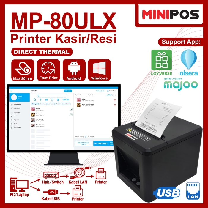Jual Printer Thermal 80mm USB LAN MP-80ULX Auto Cutter Sticker Label ...