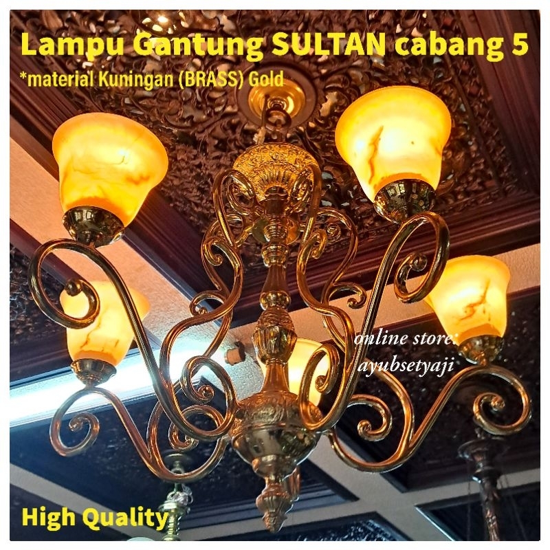 Jual Lampu Gantung Kuningan model Bunga Tulip cabang 5 Lampu SULTAN LGC5 Krobyong Dekorasi Lampu ...