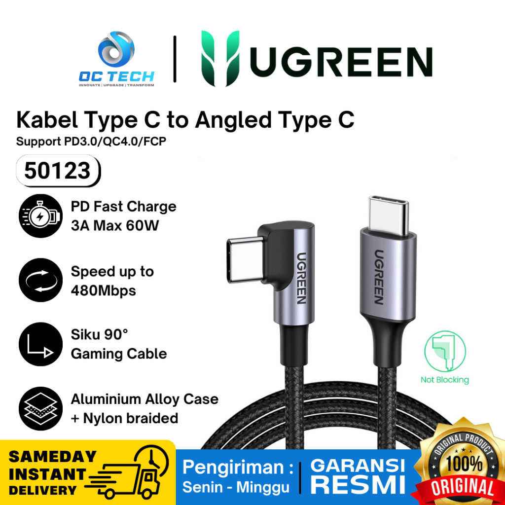 Jual Kabel Type C To Type C Angled Cable Siku 90° 60W 480 Mbps Nylon ...