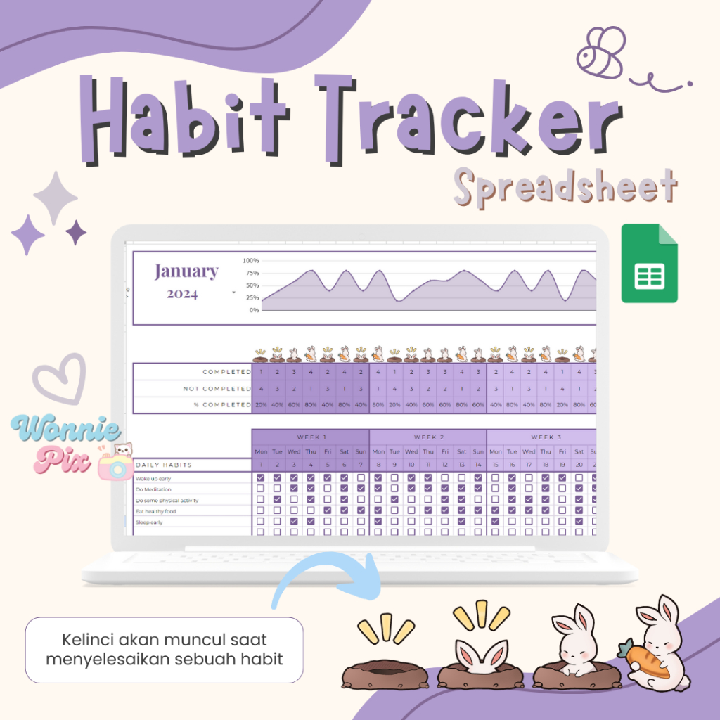 Jual Habit Tracker Spreadsheet - Cute Bunny | Daily Weekly Monthly ...