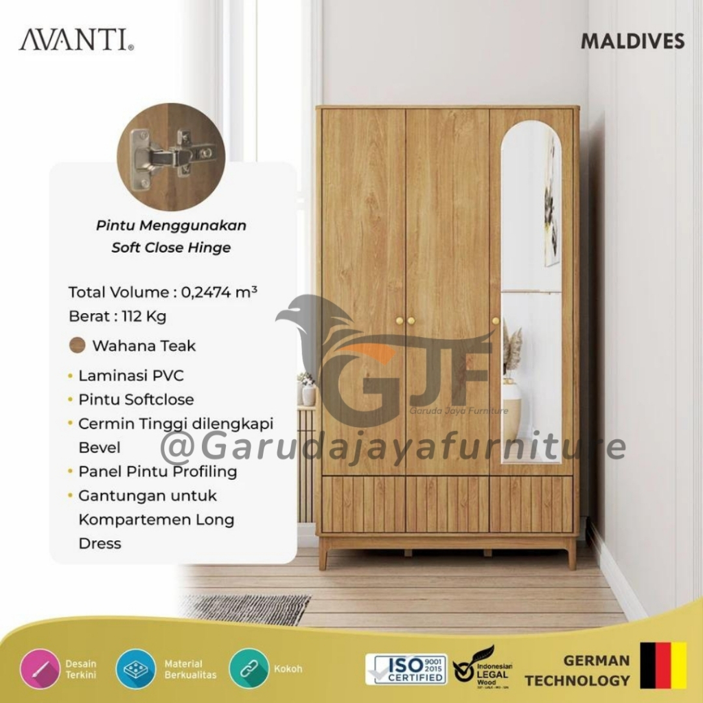 Jual LEMARI 3 PINTU MINIMALIS BERKACA PANJANG + LACI + GANTUNGAN BAJU ...