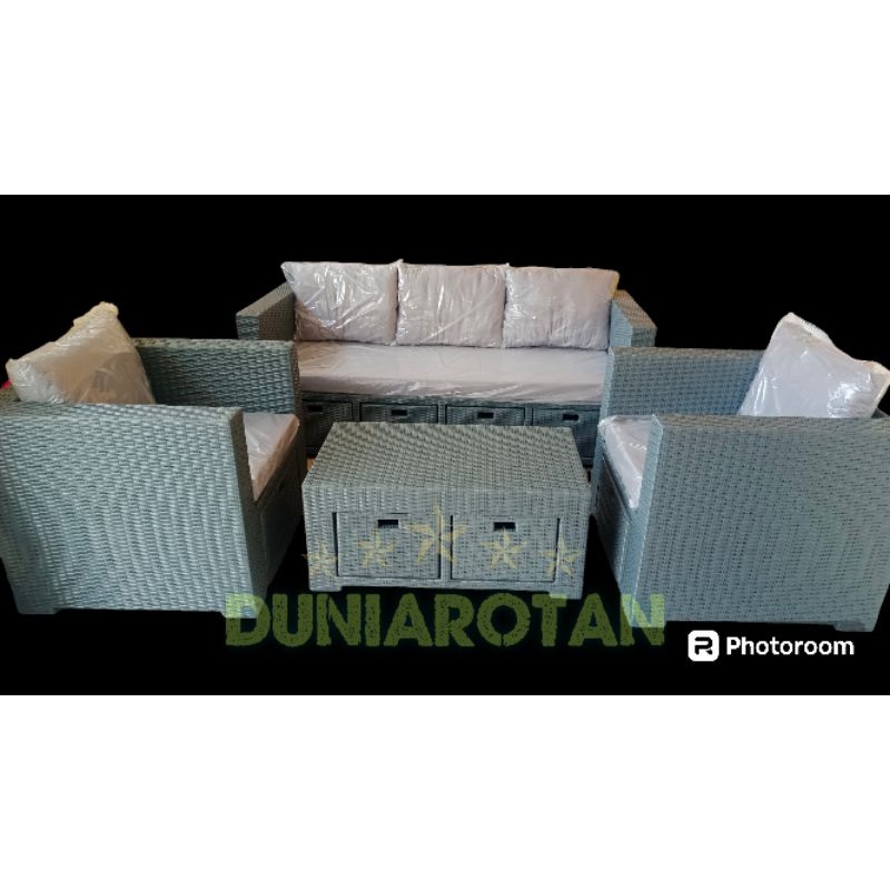 Jual sofa laci 3 1 1 / sofa rotan sintetis kursi dan meja full pakai ...