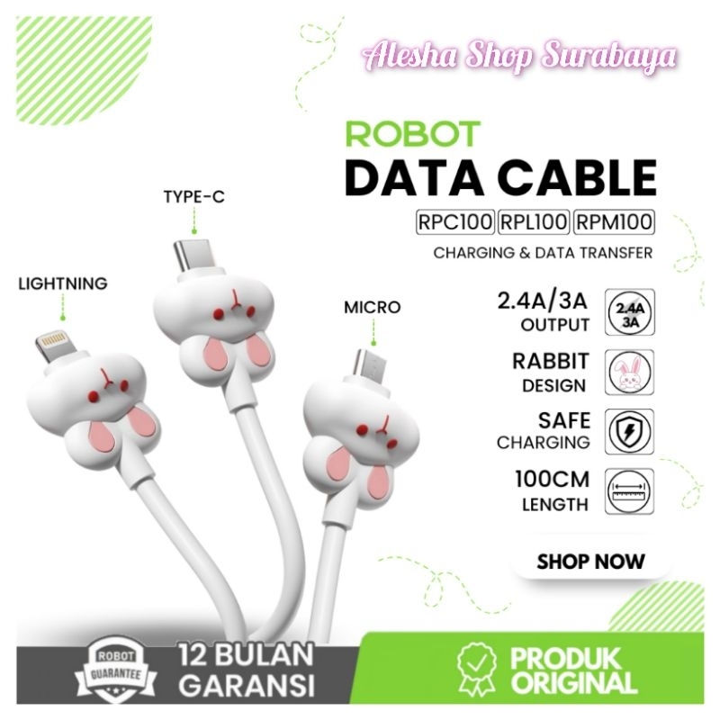 Jual [GARANSI] ROBOT Kabel Cable Data Charging Rabbit Design 3A 100cm ...