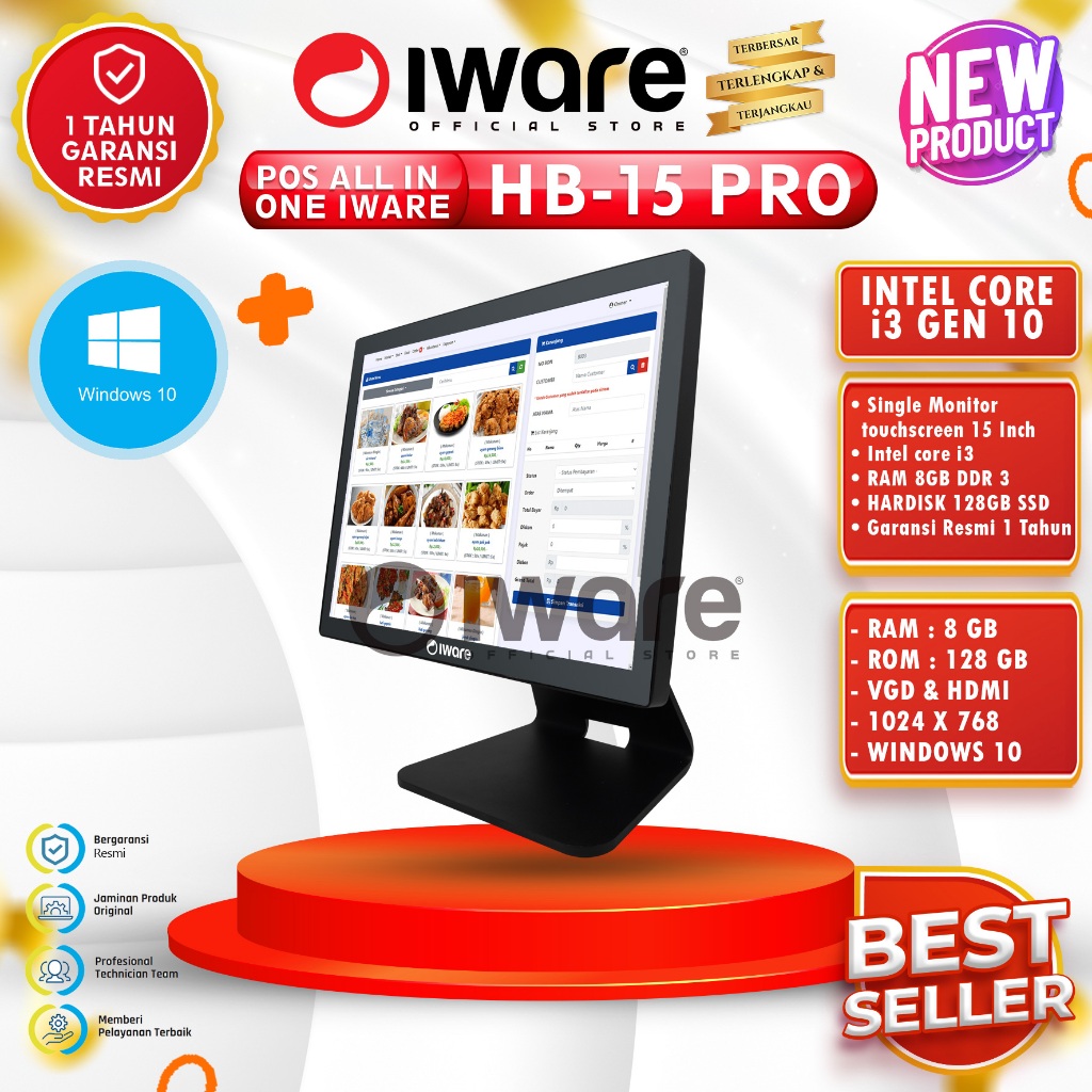 Jual Iware Pos All In One Mesin Kasir Basw Windows Touchscreen 15" 8/128GB Intel i3 Gen 10 HB ...