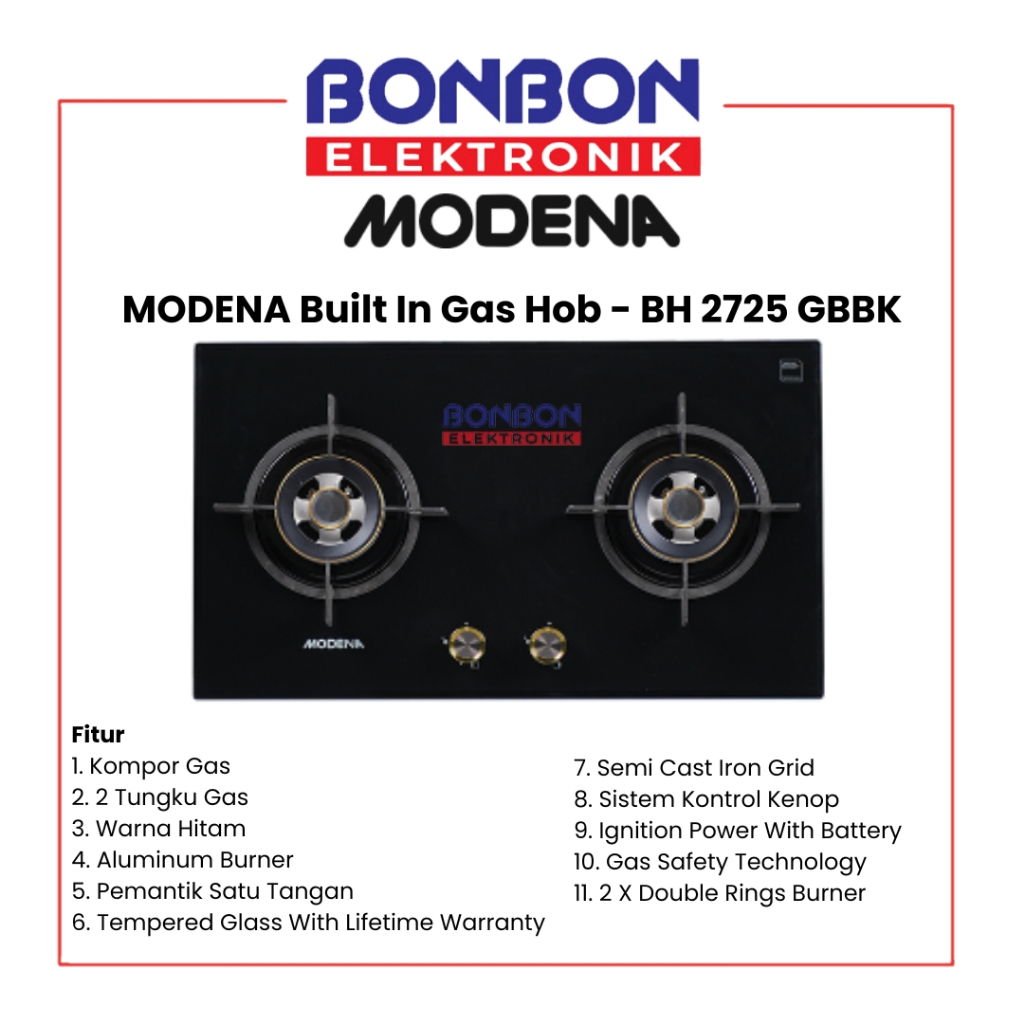 Jual MODENA Kompor Tanam Gas 2 Tungku BH 2725 GABK - Built In Gas Hob ...
