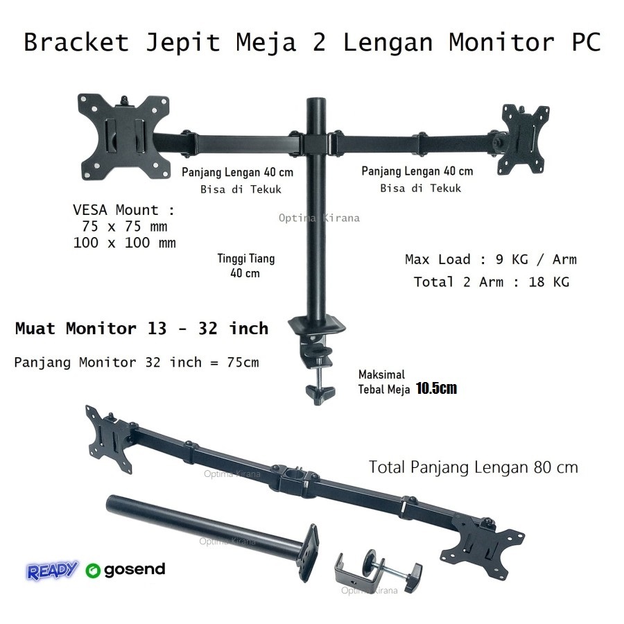 Jual Bracket Monitor PC Stand Berdiri Jepit di Meja Dual 2 Lengan Arm ...