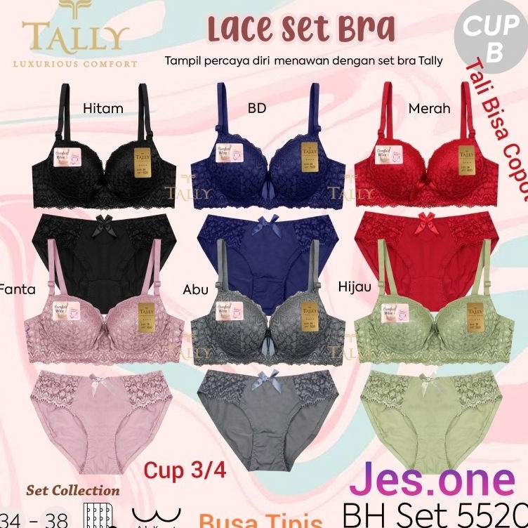 Jual Tally 552 BH Bra Set CD Brokat Berkawat Busa Tipis Kait 3 Cup B | Shopee Indonesia