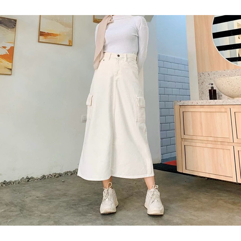 Jual Rok Span Kimpul Wanita Highwaist Rok Cargo Jeans Warna Hijau Tua ...