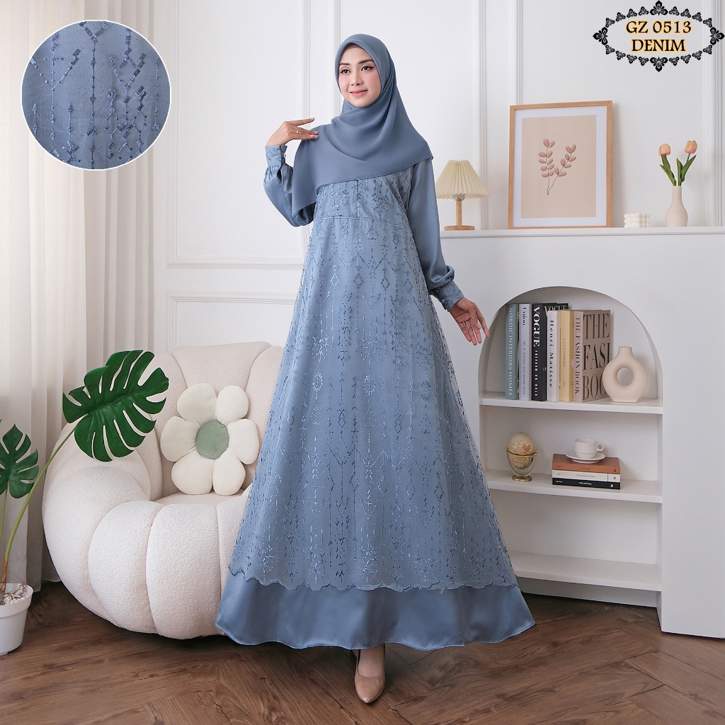 Jual Gamis Brukat Tille GZ0513 Denim/ Gamis Brukat Denim/ Gamis Kondangan/ Gamis Pesta/ Gamis ...