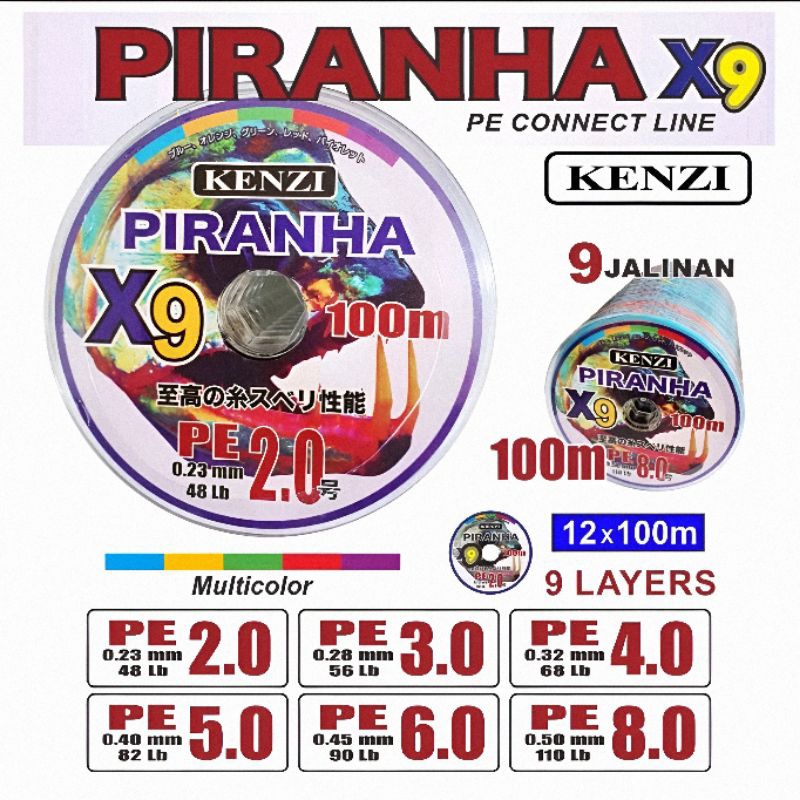 Jual senar PE KENZI PIRANHA X9 100 meter multicolour connicting | PE KENZI PIRANHA X9 50 meter ...