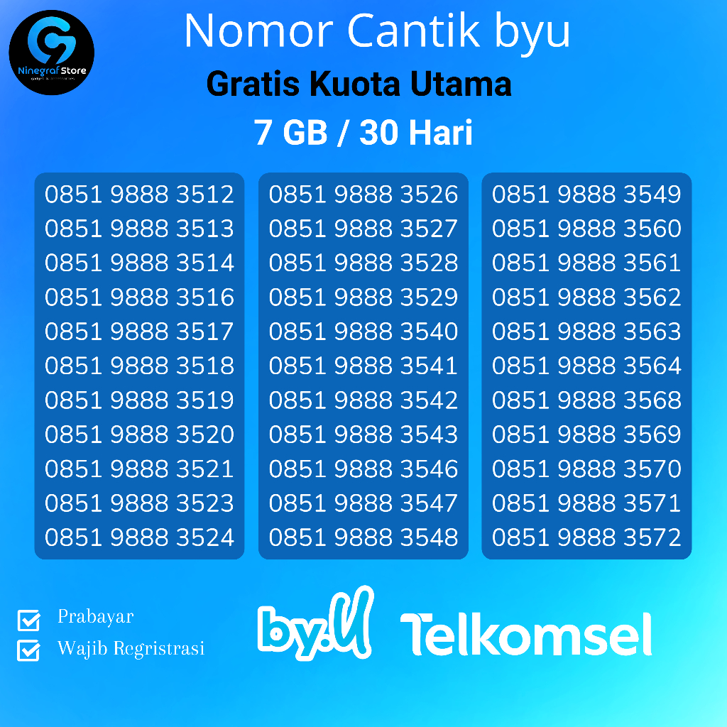 Jual Nomor Cantik byu Triple 8 Gratis Kuota 3 GB 30 Hari List 04 | Shopee Indonesia