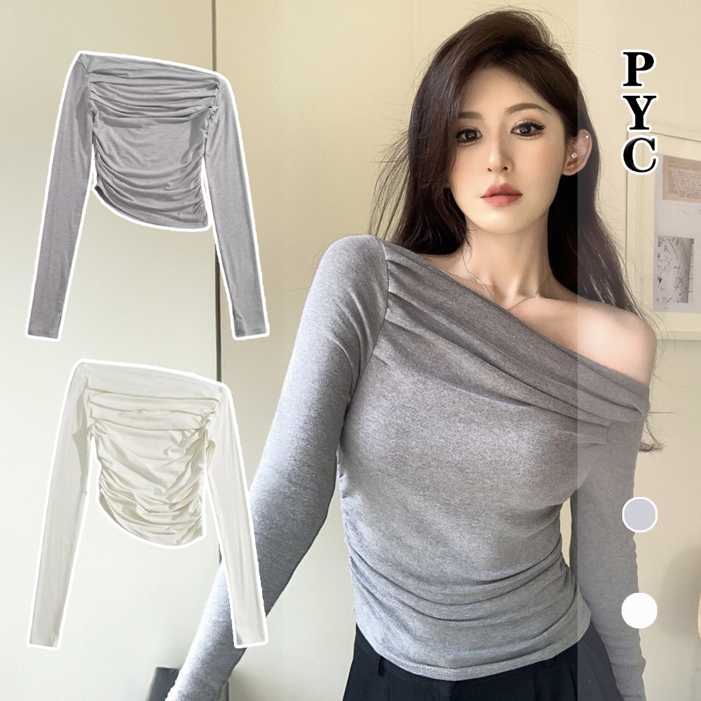 Jual Korean Style Bahu Miring Off-Shoulder Atasan Kerah Kaus Lengan ...
