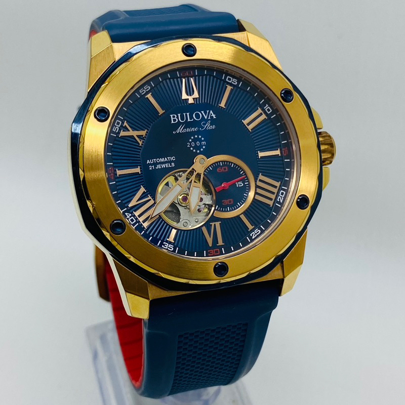 Jual Bulova 98A227 Marine Star Open Heart Navy Dial Roman Index Rose ...