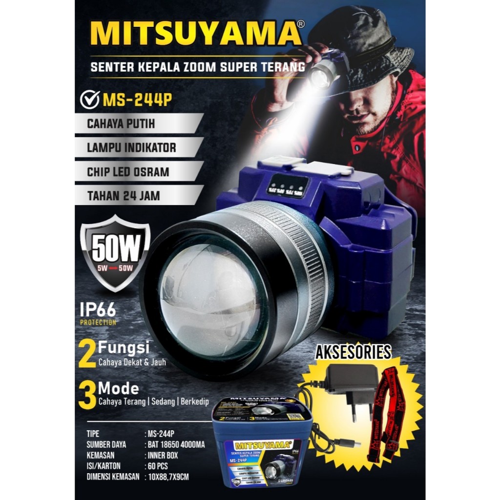 Jual Mitsuyama MS-245P 50w OSRAM body alumunium Senter Kepala Zoom Super Terang headlamp camping ...