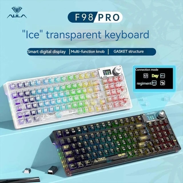 Jual Keyboard Gaming Gasket Mechanical Hotswap AULA F98PRO Fully Transparent RGB LCD Smart ...