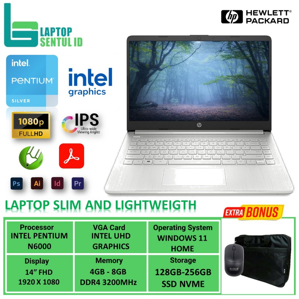 Jual Laptop HP 14 Intel Pentium N6000 Ram 8GB 256GB SSD Full HD 14 Inch ...