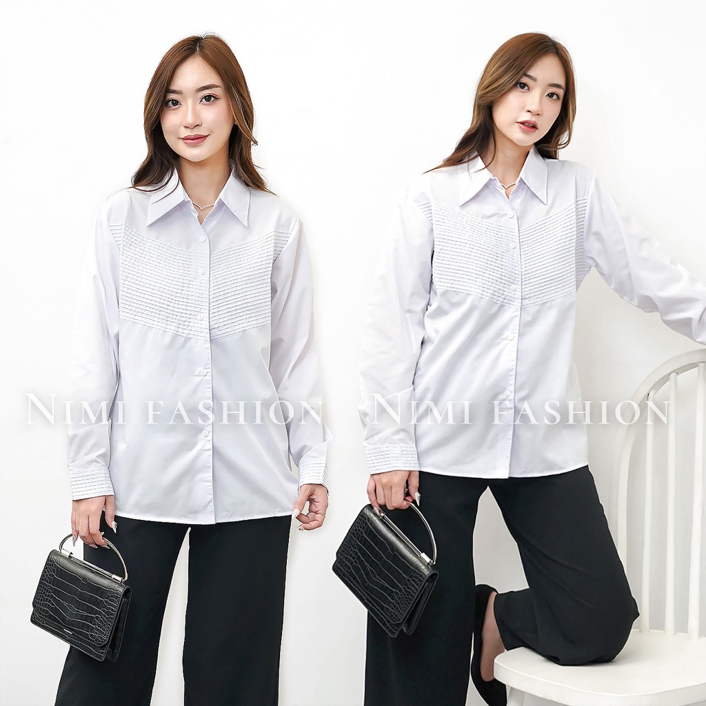 Jual NIMI - Kemeja Putih Wanita Lengan Panjang Bordir Rempel Lipit Dada Formal Kerja Kantor ...