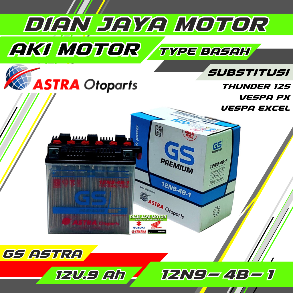 Jual AKI ACCU MOTOR GS ASTRA 12N9-4B-1 12V 9AH TYPE BASAH AKI SUZUKI TANDER 125 | Shopee Indonesia