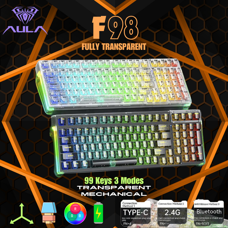 Jual AULA F98 Gasket Mechanical Keyboard Fully Transparent RGB with 3 ...