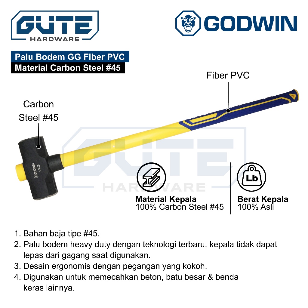 Jual Godwin Palu Batu Bodem Godam Beton Tembok Grade PREMIUM Sledge Hammer Carbon Steel Asli ...