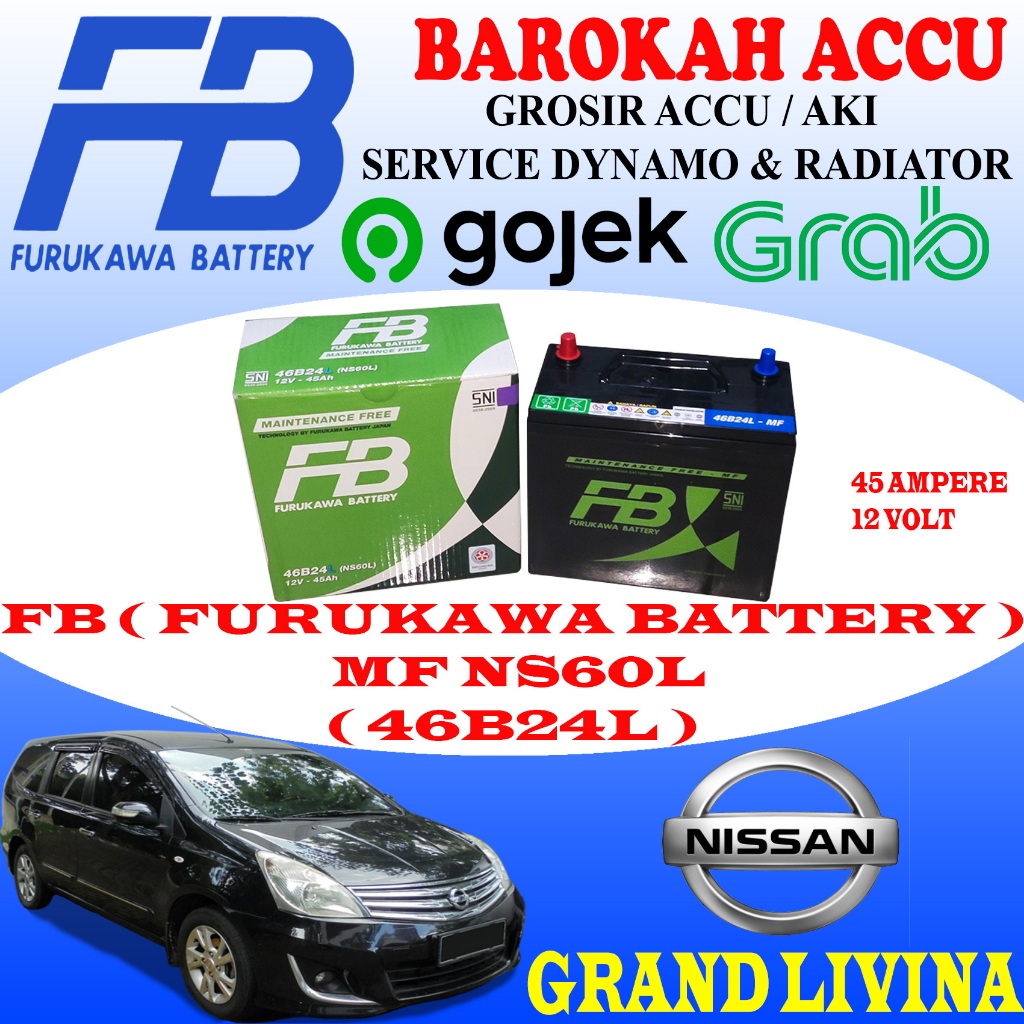 Jual AKI MOBIL NISSAN GRAND LIVINA FB FURUKAWA BATTERY MF NS60L / 46B24L, 45 AH MAINTENANCE FREE ...