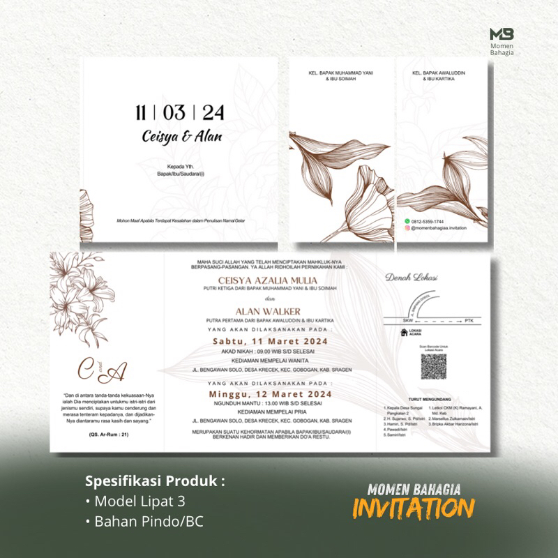 Jual Cetak Undangan Custom Model Lipat 3 Desain Estetik Coklat ...