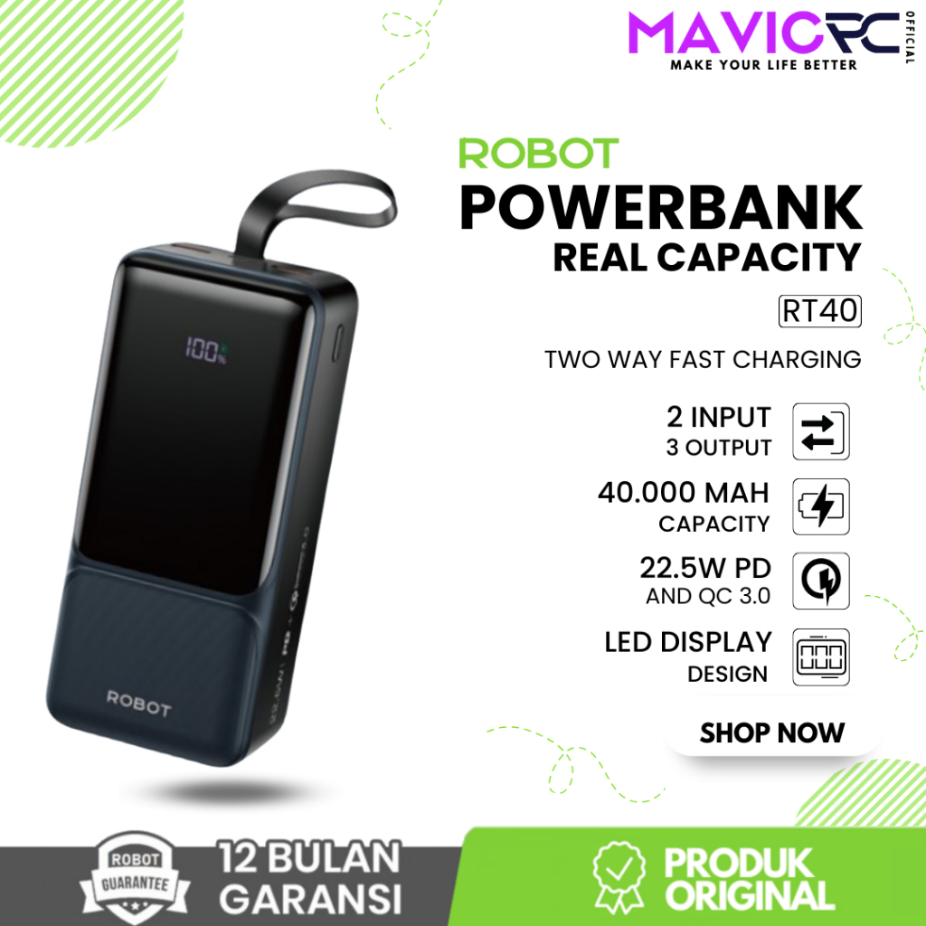 Jual ROBOT RT40 Powerbank 40.000mAh High Capacity Fast Charging 22.5W ...