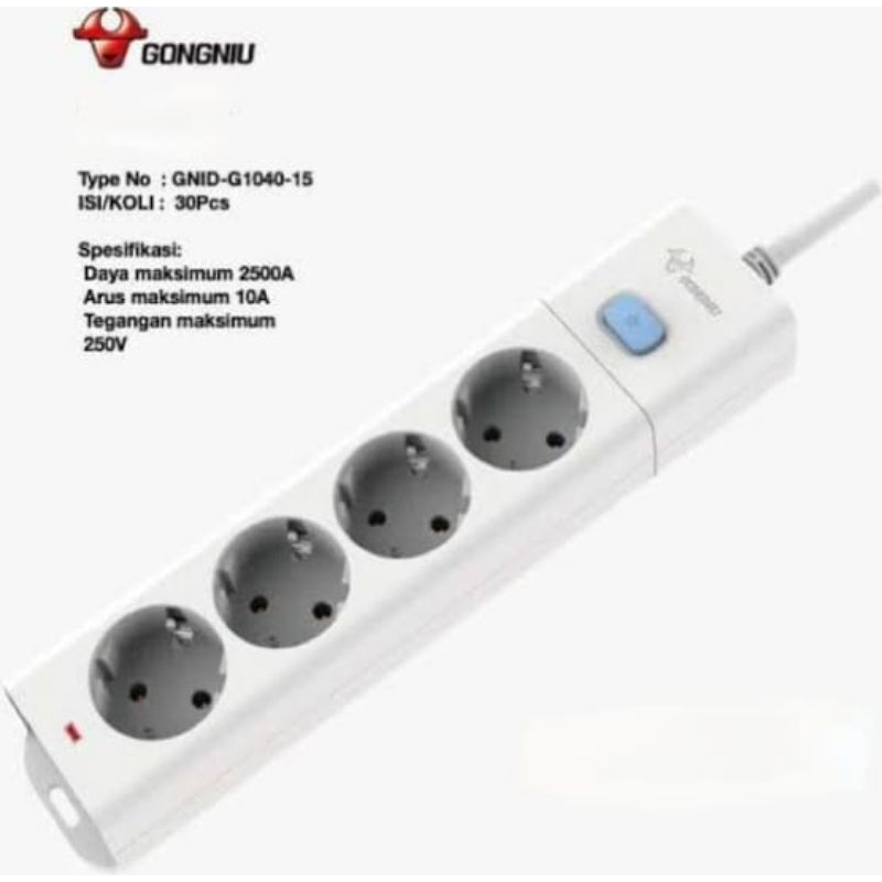 Jual Stop Kontak Gongniu 4 Lubang G1040 Tombol On/Off ( Single Switch ) Kabel 1,5M / 3M / 5M ...