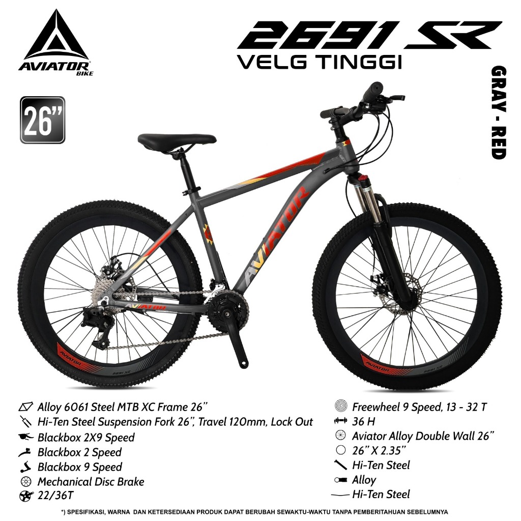 Jual SEPEDA GUNUNG MTB 26 AVIATOR MTB 2691 SR VT (2X9) (VELG TINGGI ...