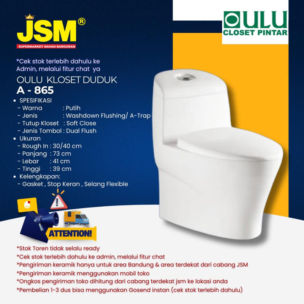 Jual Oulu Closet / Kloset Duduk Dual Flush Soft Close One Piece A865 Putih - JSM Supermarket ...