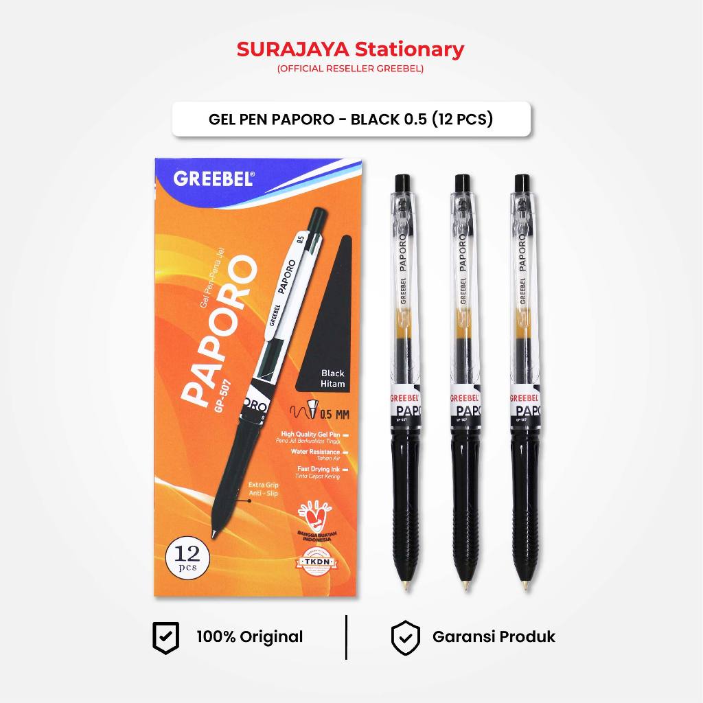 Jual Bolpen Pulpen Gel / GREEBEL Gel Pen GP-507 Paporo Tinta Hitam (12PCS/SET) Ballpen Pena ...