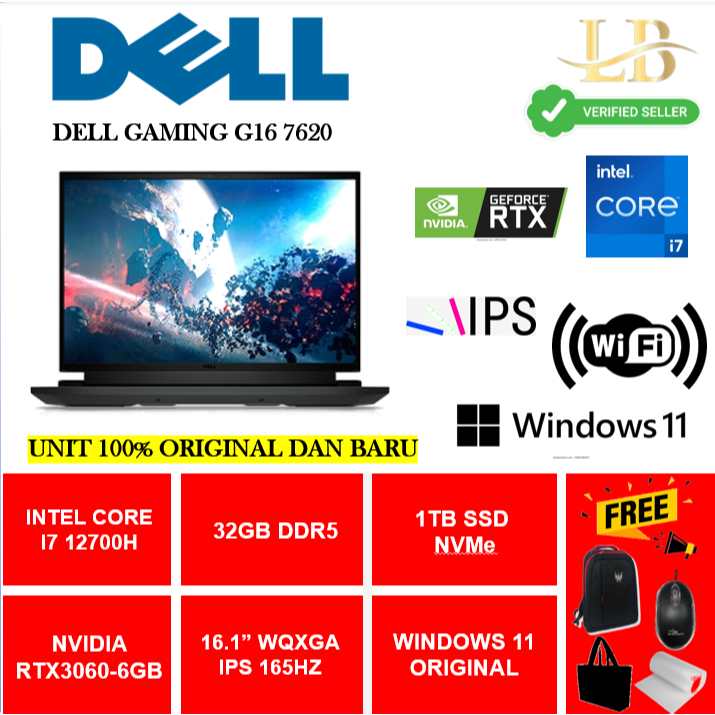 Jual Laptop Dell Gaming G16 7620 Intel i7 12700H Ram 32GB DDR5 1TB SSD RTX3060-6GB NEW ARRIVAL ...