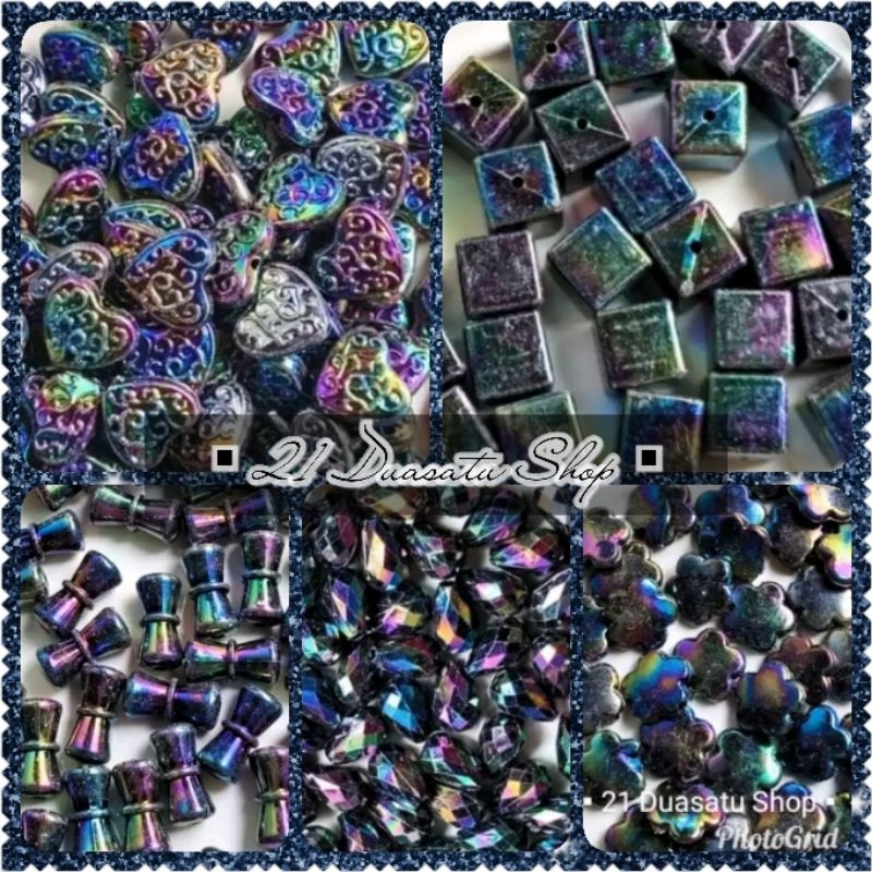 Jual (Pon) Manik mote hitam pelangi AB love kotak aneka motif/manik UV ...