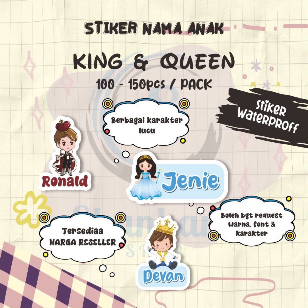 Jual ( 100-150pcs) Stiker Nama TEMA KING & QUEEN / Stiker Custom ...