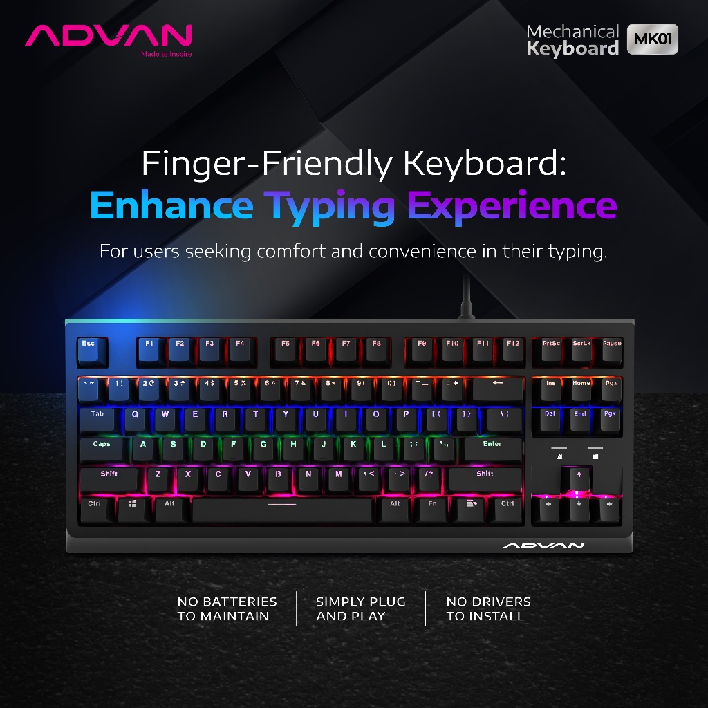 Jual Mechanical Keyboard Advan MK01 Gaming Keyboard TKL 87 KeysRainbow ...