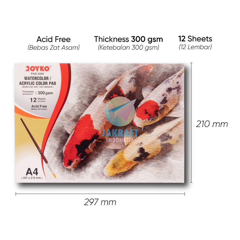 Jual (12 Lembar) Kertas Kanvas Lukis A4 JOYKO PAD-2000 Watercolor Acrylic Paper Tebal 300 Gsm ...
