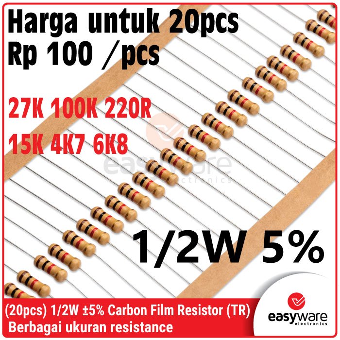 Jual 20x Carbon Film Resistor 1/2W 5% 27K 6K8 4K7 100K 220R 15K ...