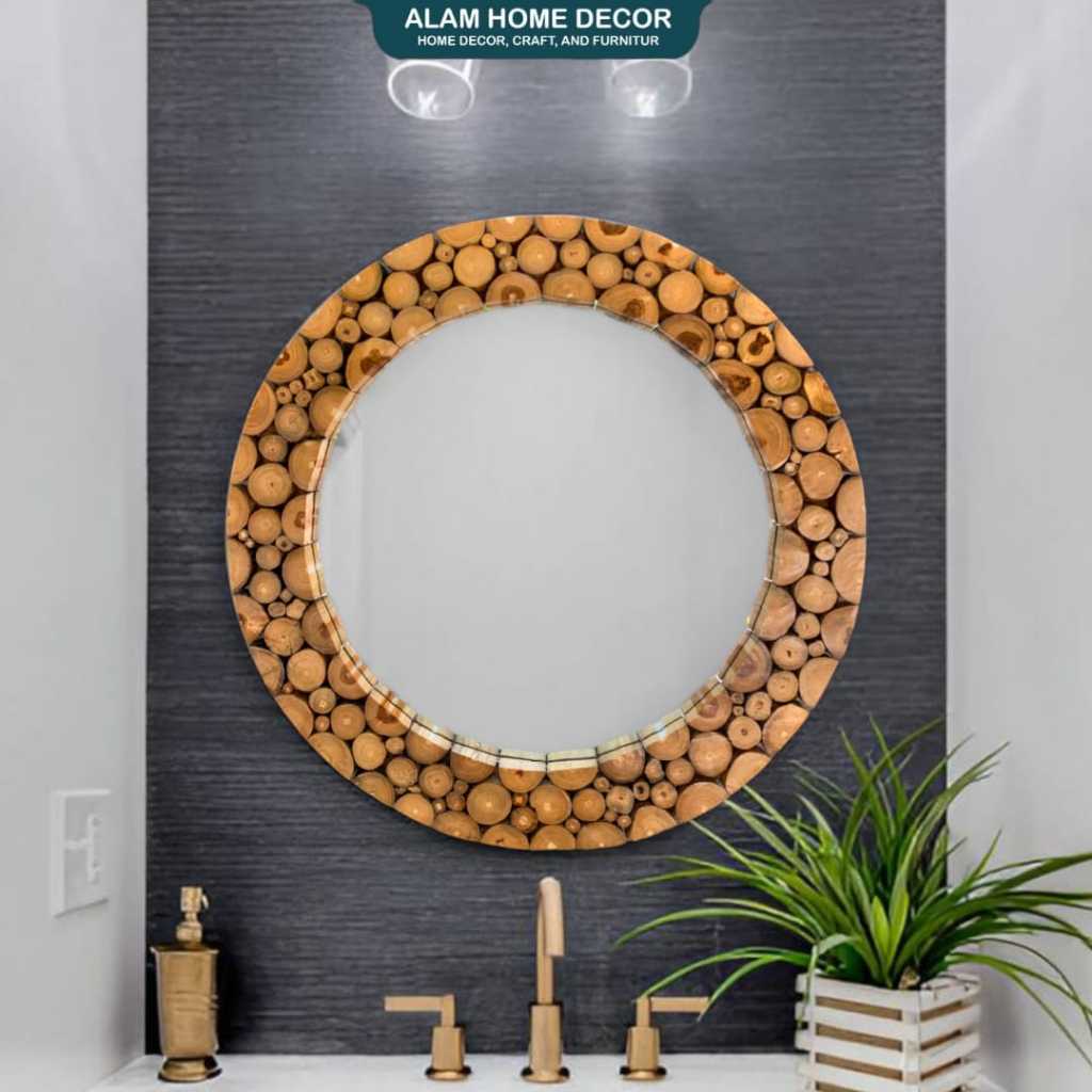Jual (FREE Extra Packing) Cermin Kayu Jati Besar (D63cm) Woodslice ...