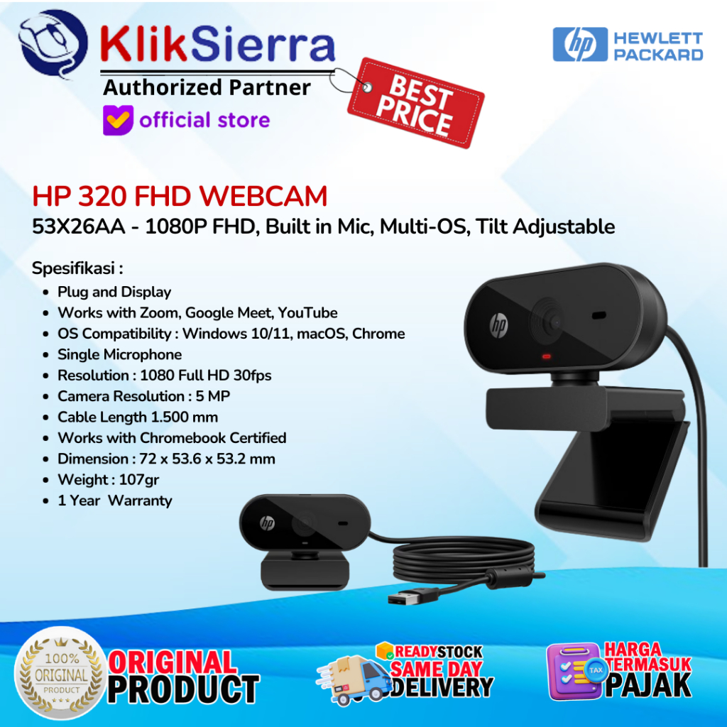 Jual WEBCAM HP 320 FHD 1080P Full HD - For Microsoft Teams Zoom Google ...