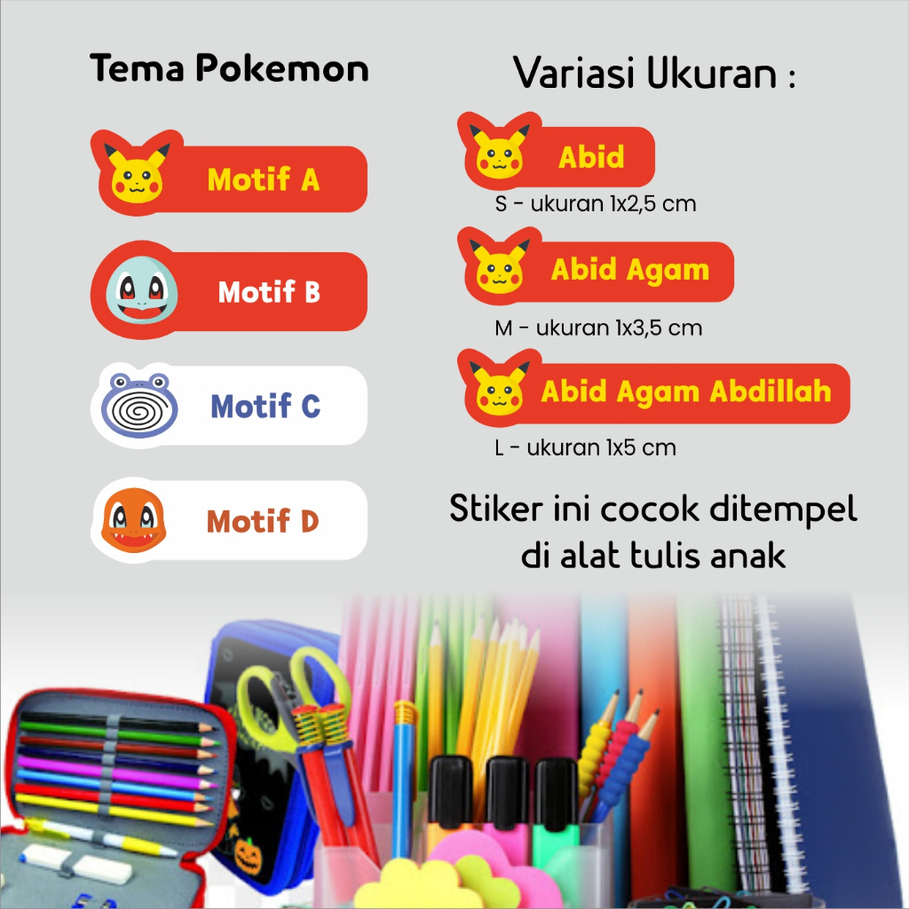 Jual Stiker Custom nama anak untuk alat tulis dan mainan tema Pokemon ...