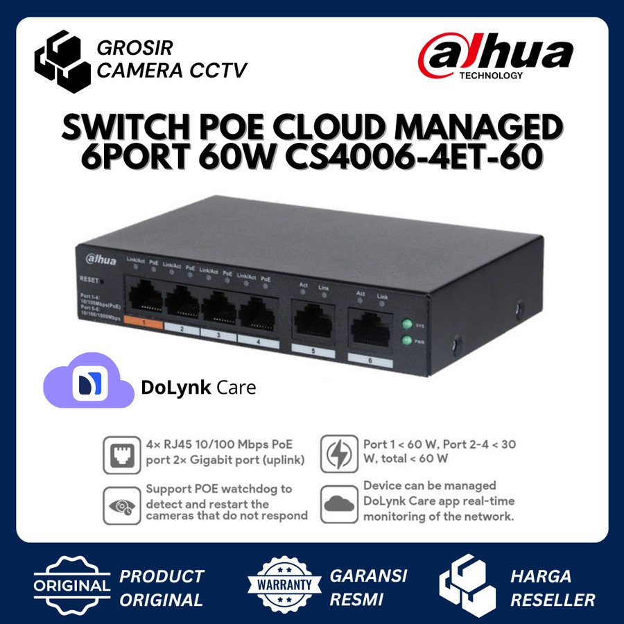 Jual DAHUA SWITCH POE CS4006-4ET-60 6PORT 60WATT CLOUD MANAGED DOLYNK CARE - HARGA RESELLER ...