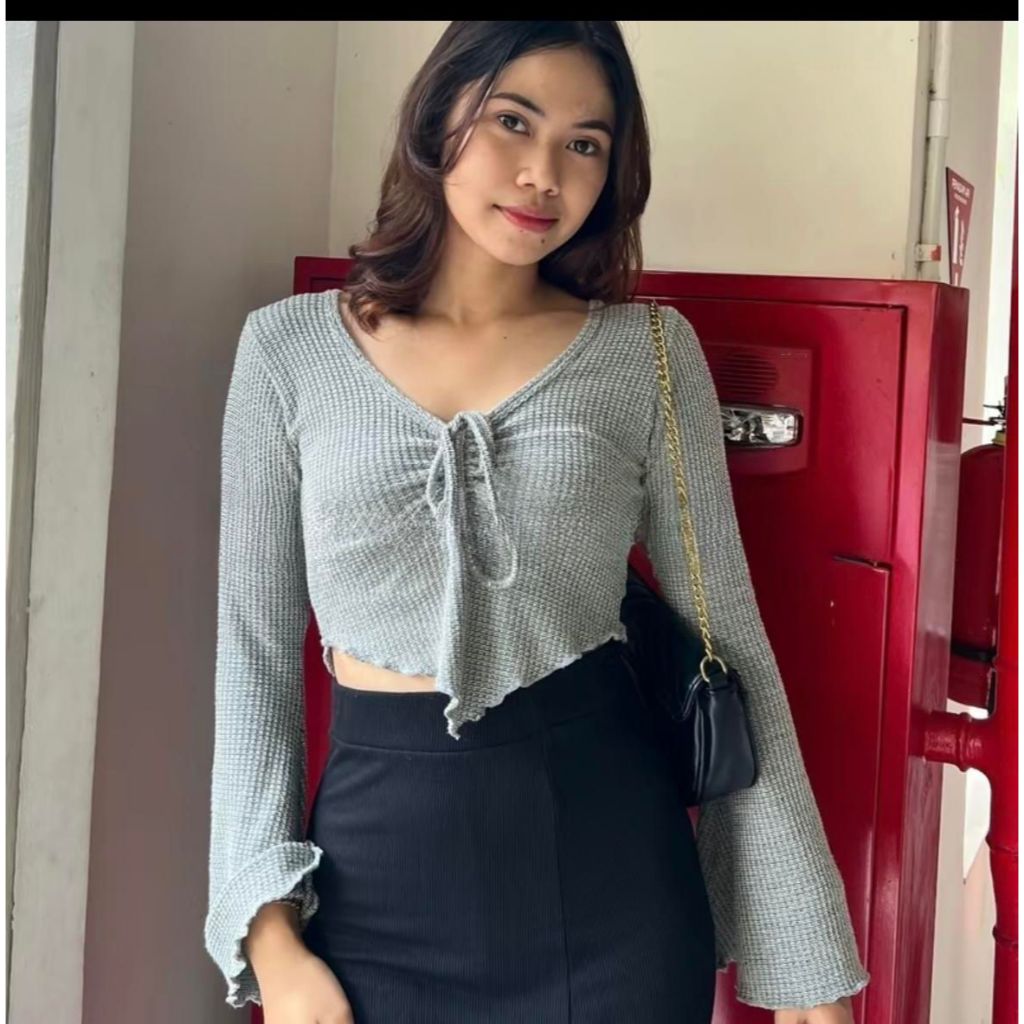 Jual Zara Crop Top Waffle Lengan Panjang Tali Serut Trend Korea ...