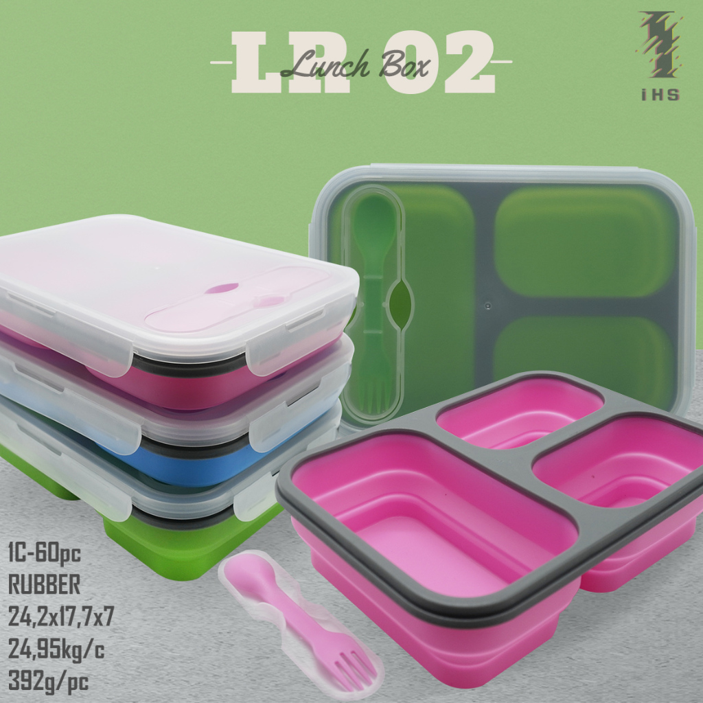 Jual Lunchbox Rubber Silicone 3 Sekat 1.450ml LR02 Free Sendok, Garpu dan Stiker | Shopee Indonesia